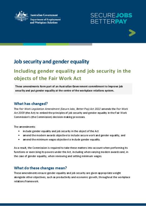 Including gender equality and job security in the objects of the Fair Work Act - Department of ...